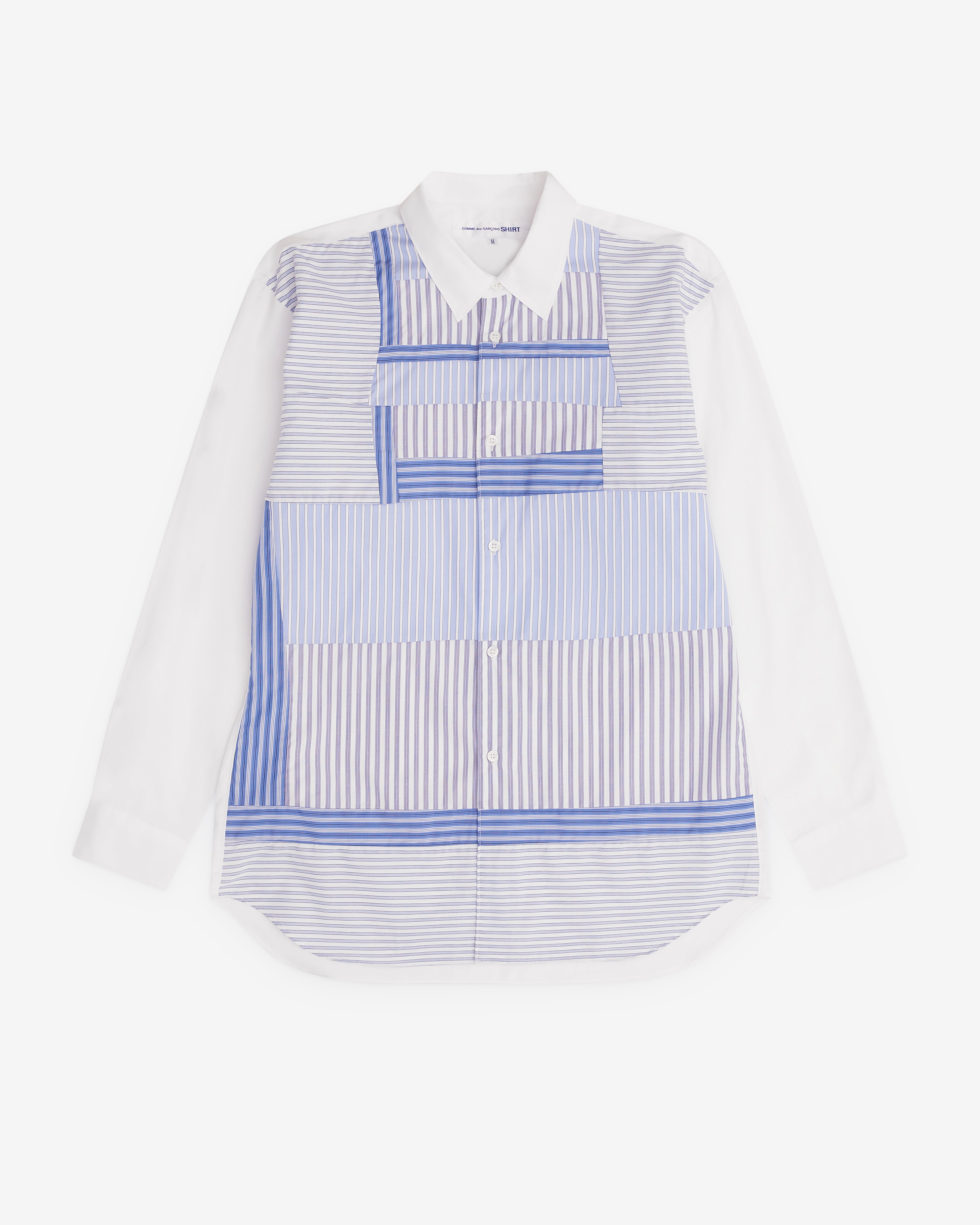 CDG Shirt: Men’s Stripe Patchwork Shirt (Blue/White) | DSML E-SHOP