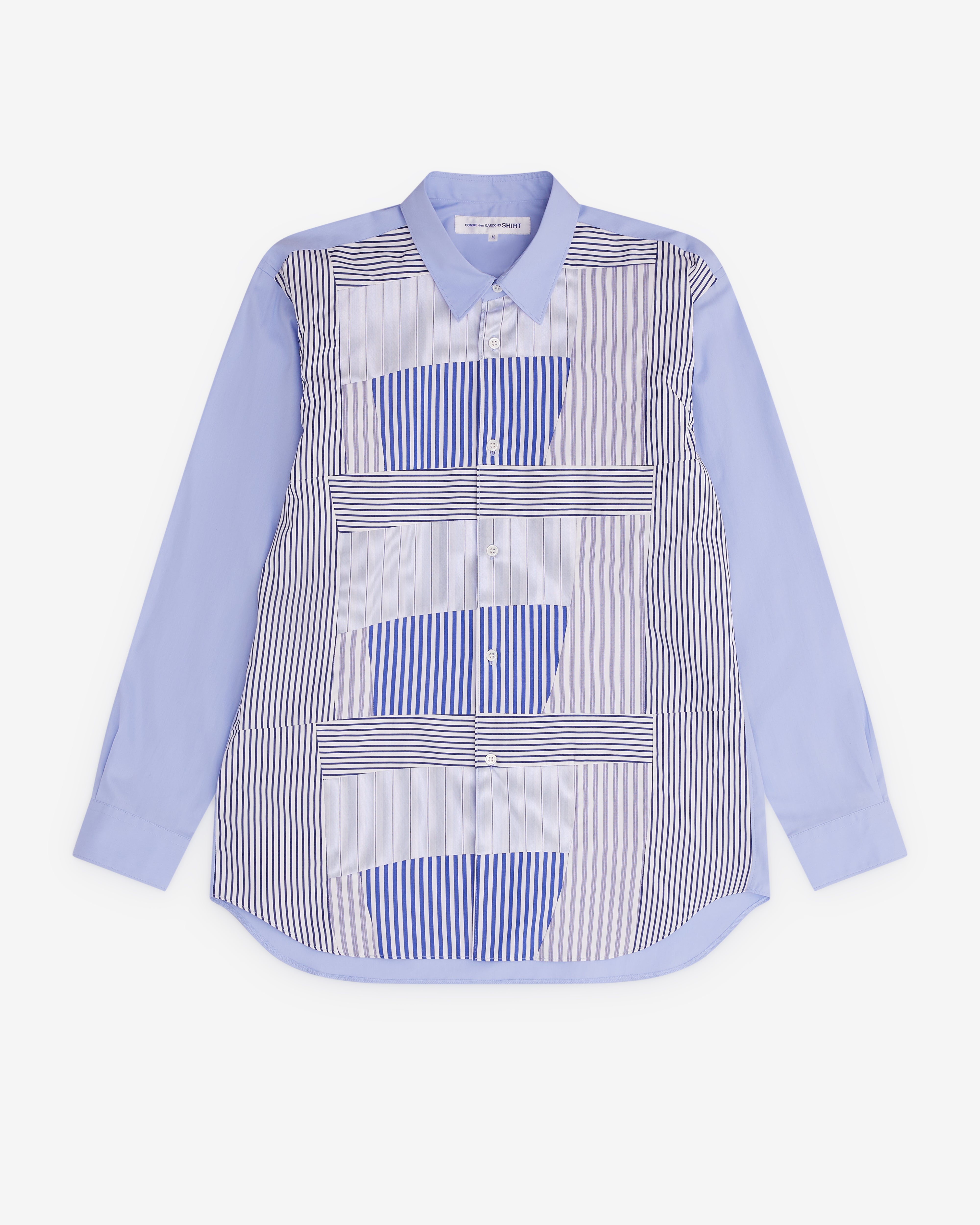 CDG Shirt: Men’s Stripe Patchwork Shirt (Blue) | DSML E-SHOP