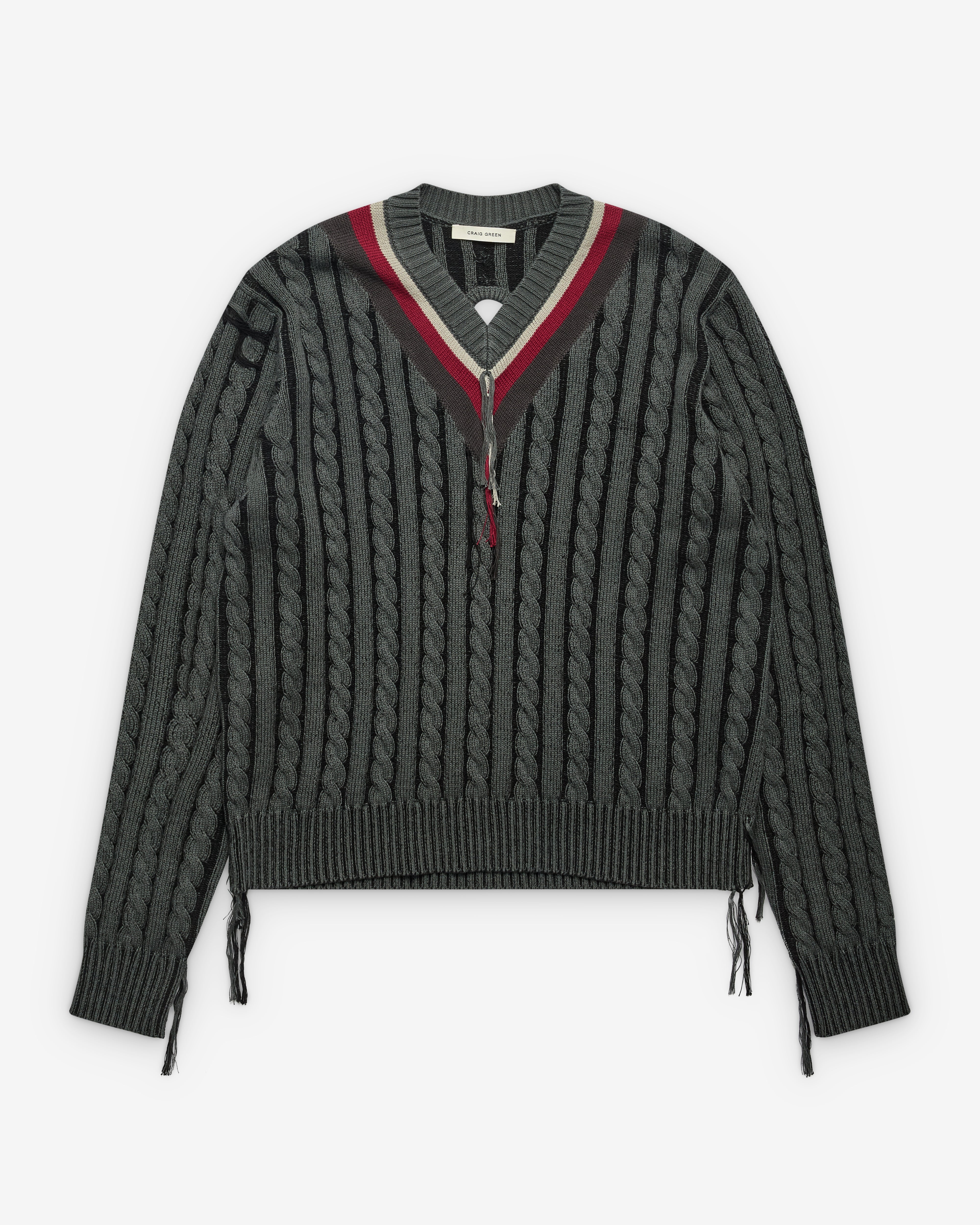 Craig Green: Men's V-Neck Cable Knit Jumper (Grey/Red) | DSML E-SHOP