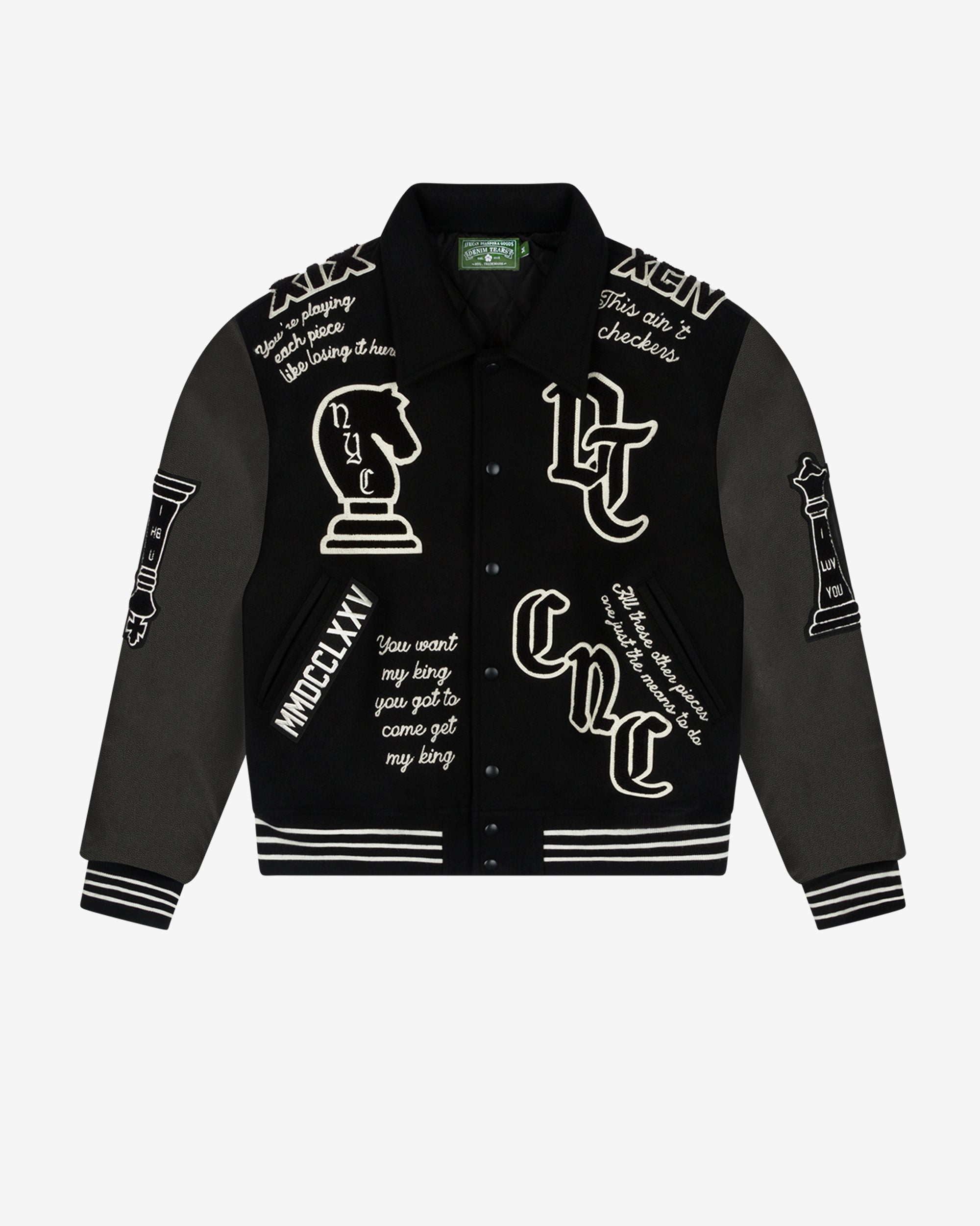 Denim Tears: Men's Grand Master Varsity Jacket (Black) | DSML E-SHOP