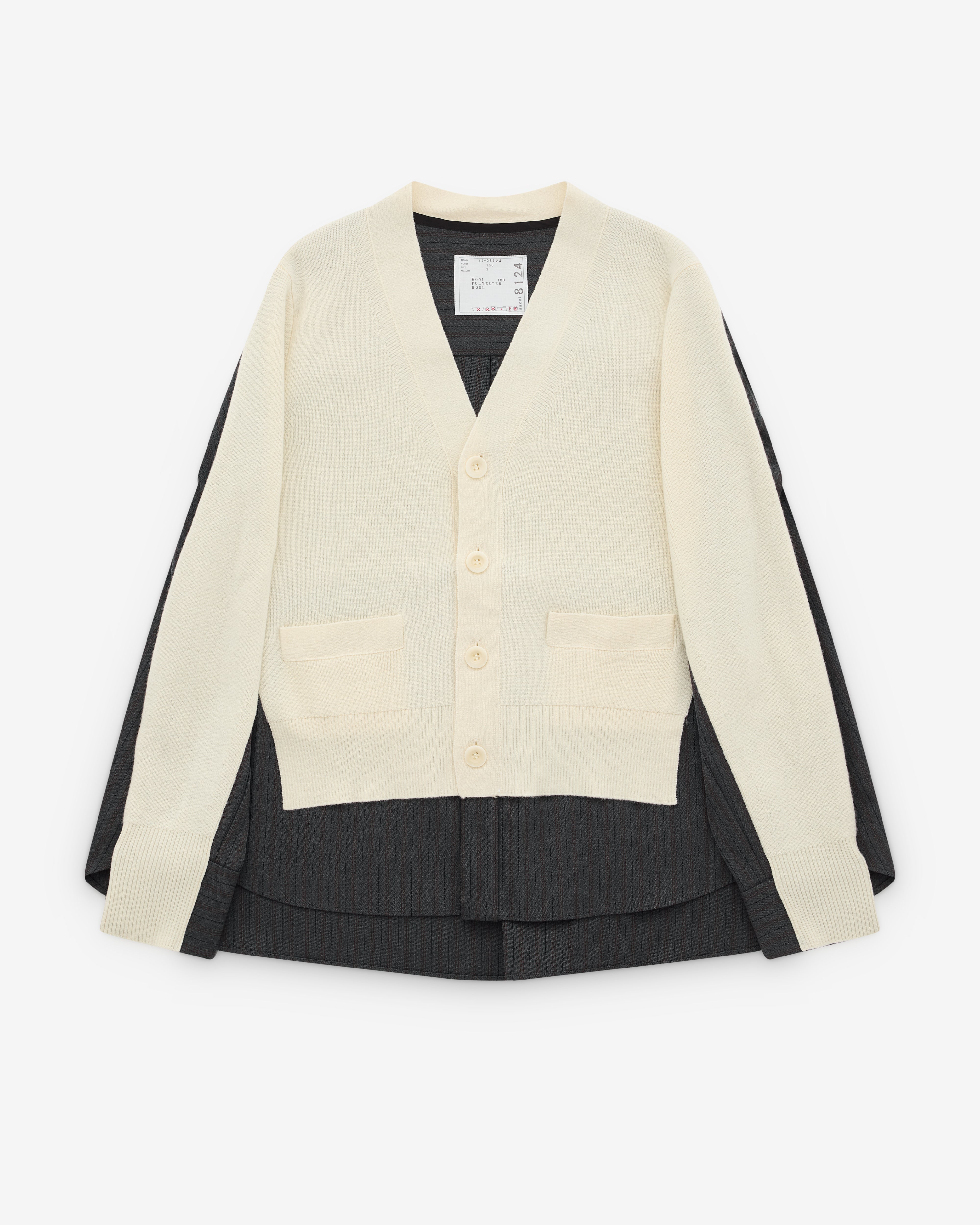 Sacai: Women's Striped Doeskin Wool Cardigan (White/Grey) | DSML E-SHOP